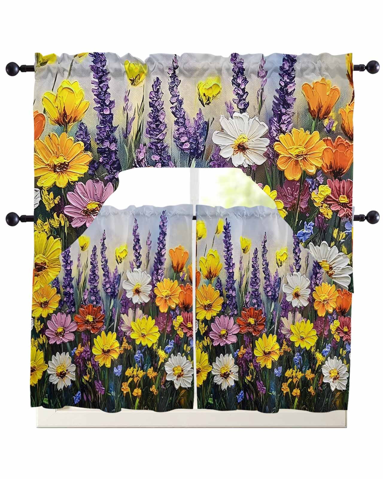 Wildflowers Botanical Kitchen Curtains Swag Valance and Tier Curtains Set 24 Inch Length, Oil ...