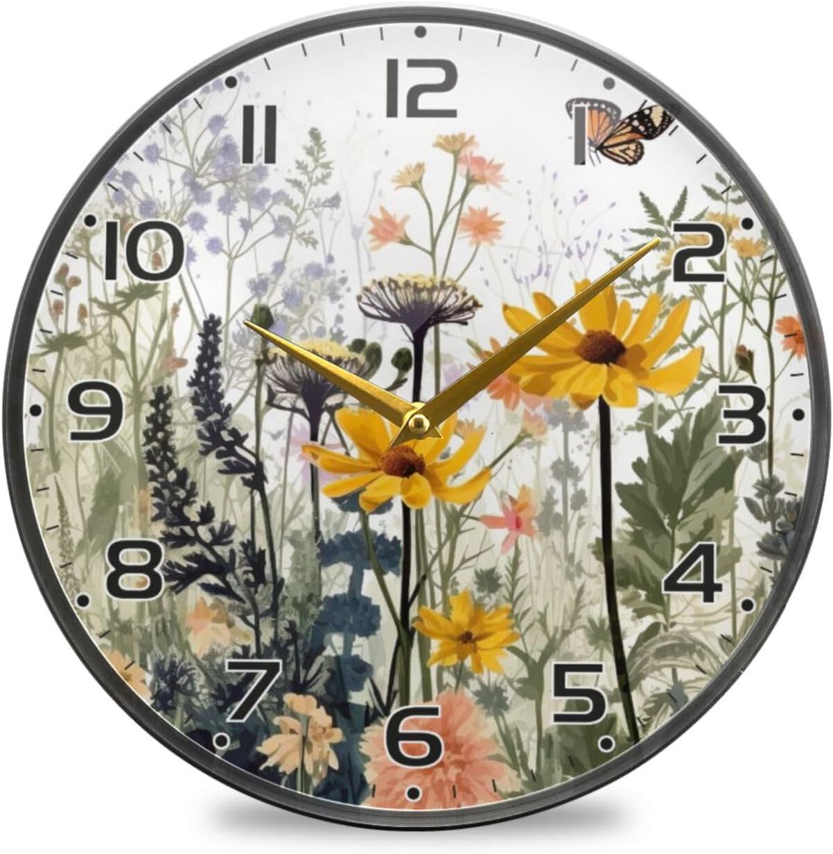 Wildflowers and Butterfly Wall Clock Round Silent Non Ticking Battery ...