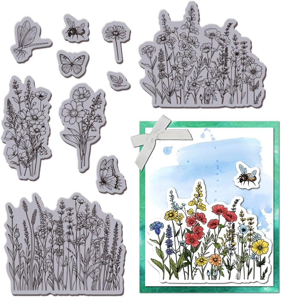 Wildflowers Cling Rubber Stamp 8.7"x7" Butterfly and Dragonfly EVA ...