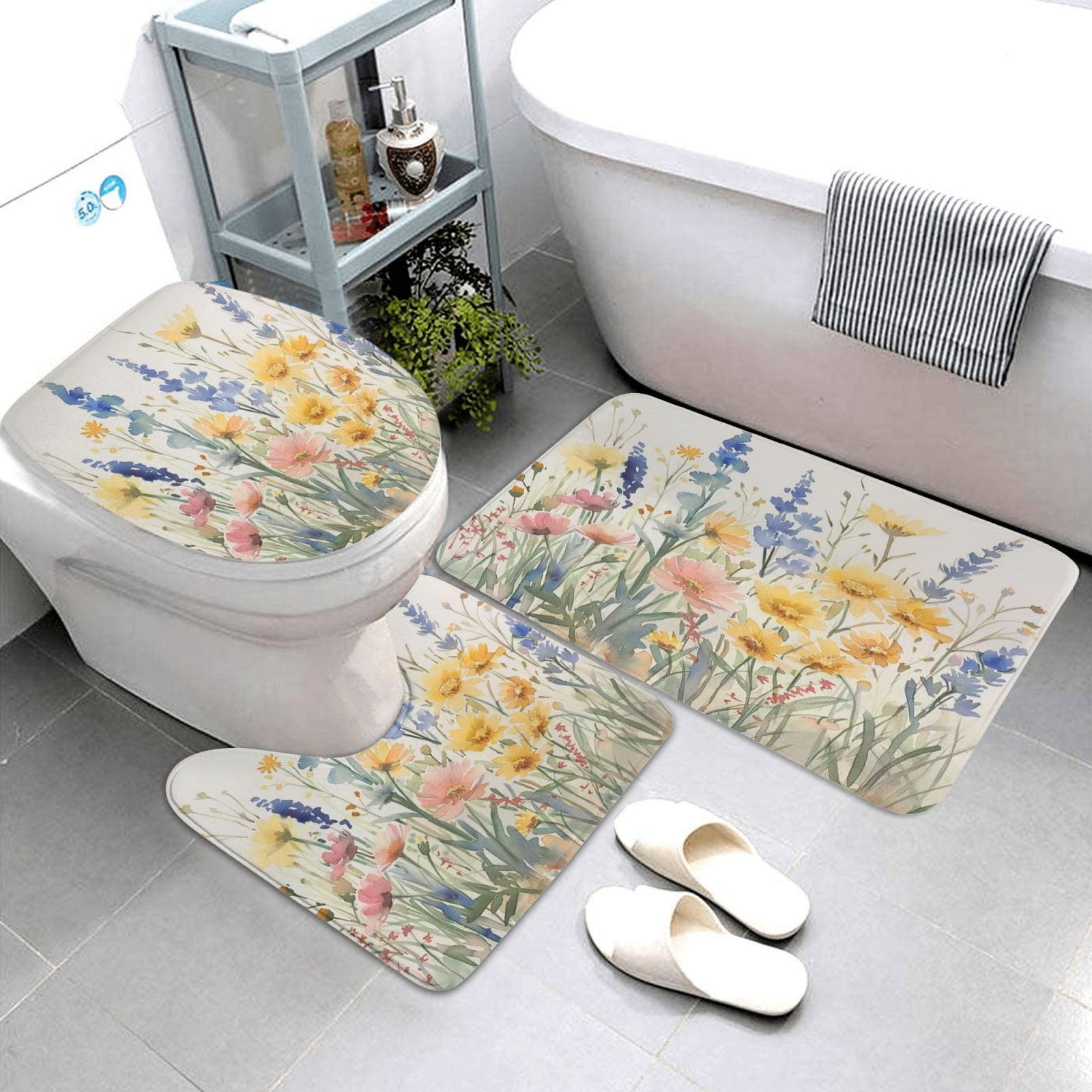 Wildflowers Floral Bath Mat Set 3 Piece Non Slip Rug Toilet Lid Cover ...