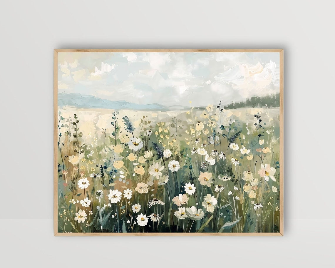 Wildflowers, Landscape Print, Neutral Wall Art Farmhouse Decor Vintage ...