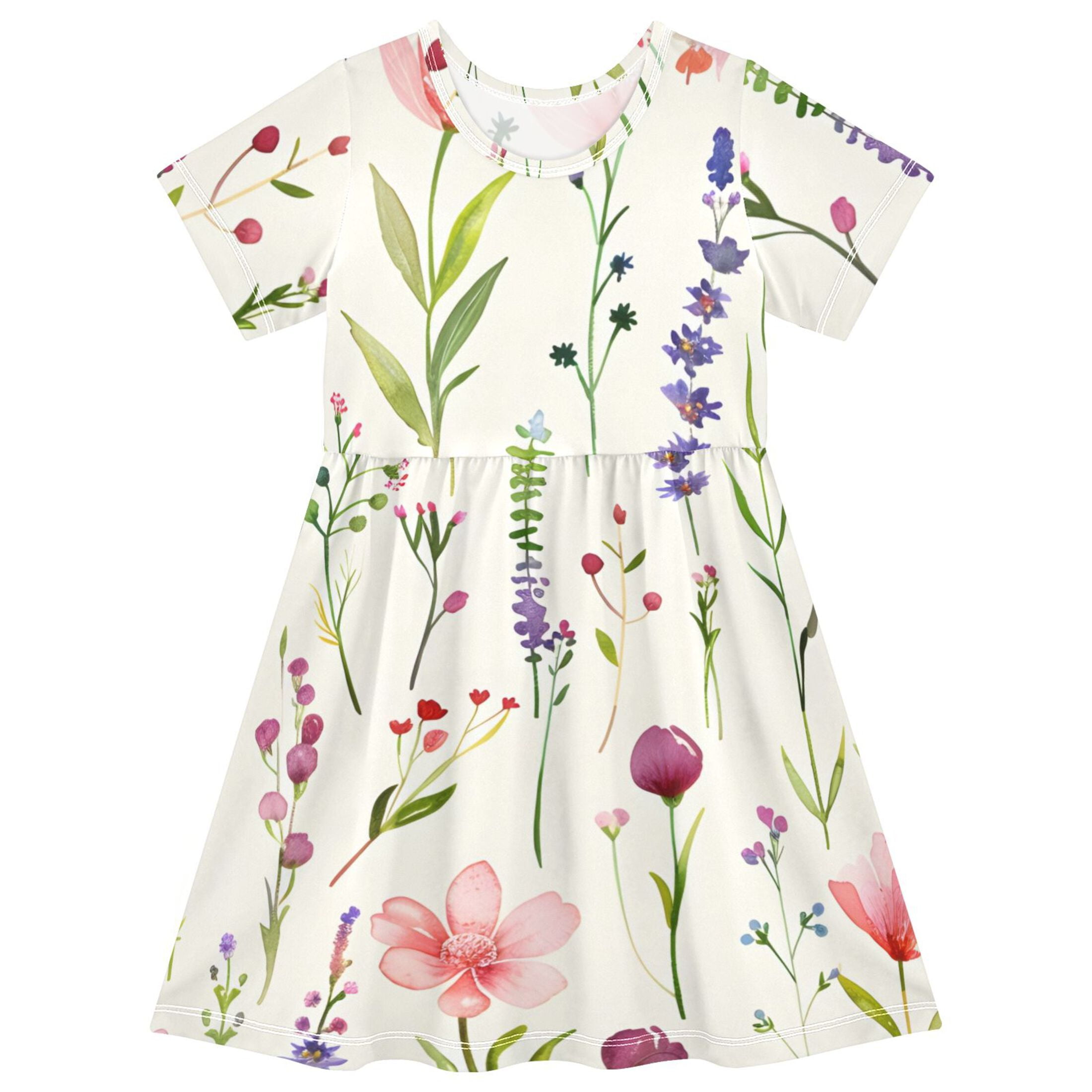 Wildflowers Leaves Soft Color Girls' Short Sleeve Dress A-Line One-Piece Dress UPF 50+ Quick Dry ...