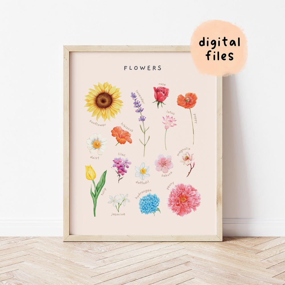 Wildflowers Montessori Educational Poster, Watercolor Homeschool ...