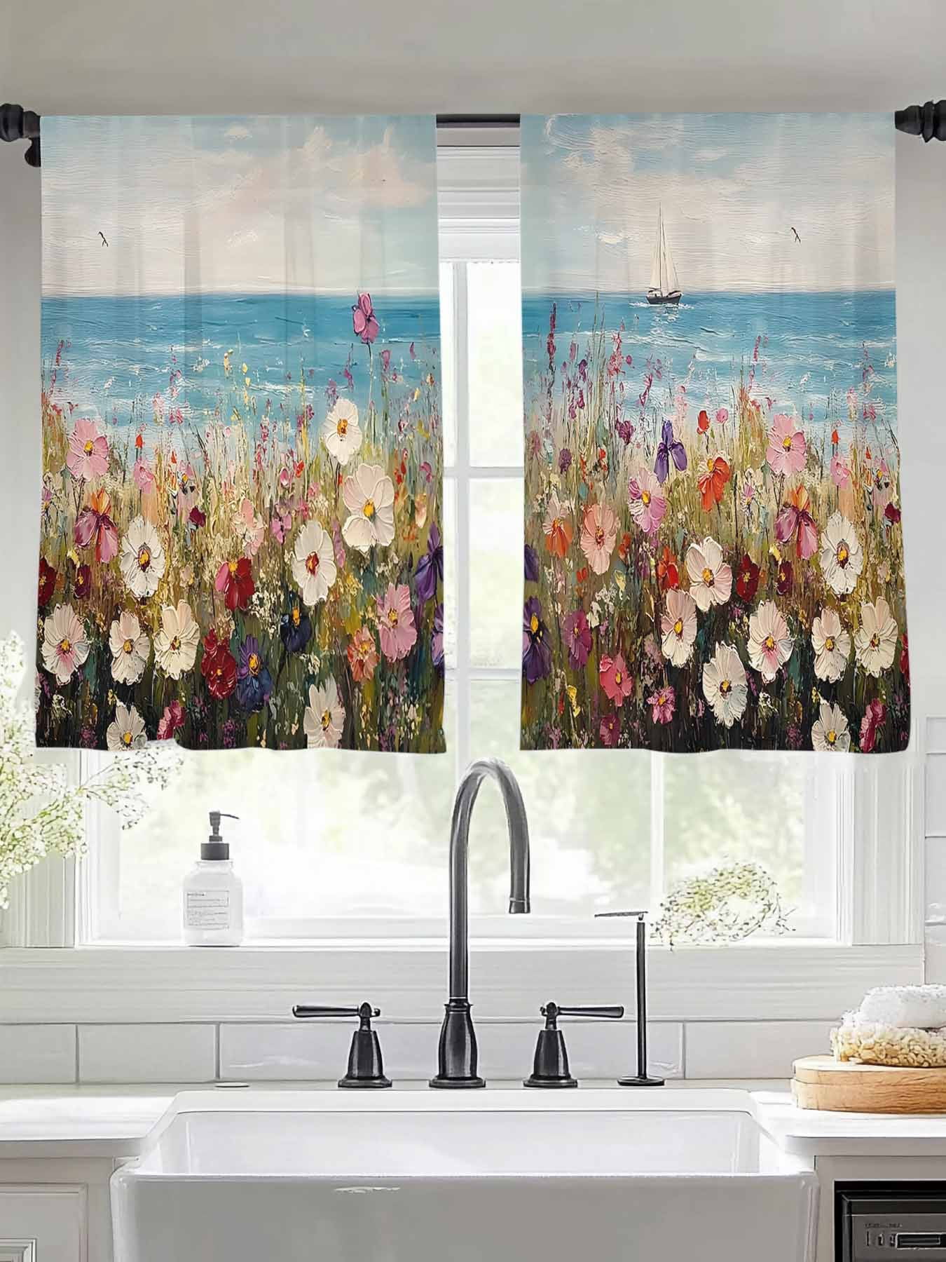Wildflowers Oil Painted Sheer Curtains for Living Room Bedroom Sky Blue ...