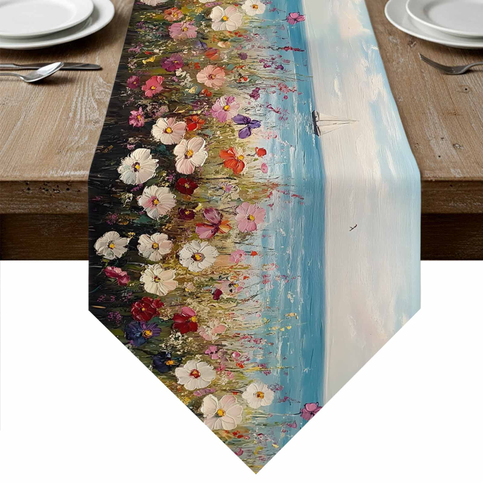 Wildflowers Oil Painted Table Runner Linen Burlap Table Runner 72 ...