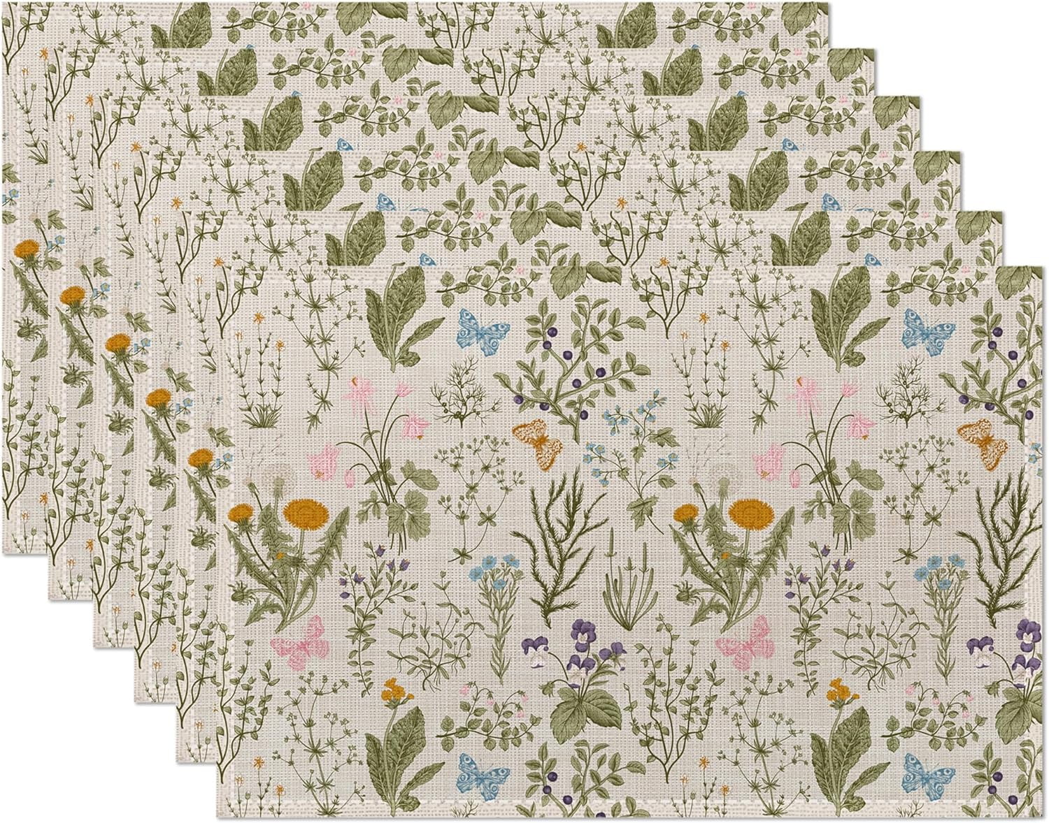 Wildflowers Placemats Set of 6,Vintage Garden Plants Herb Flower ...