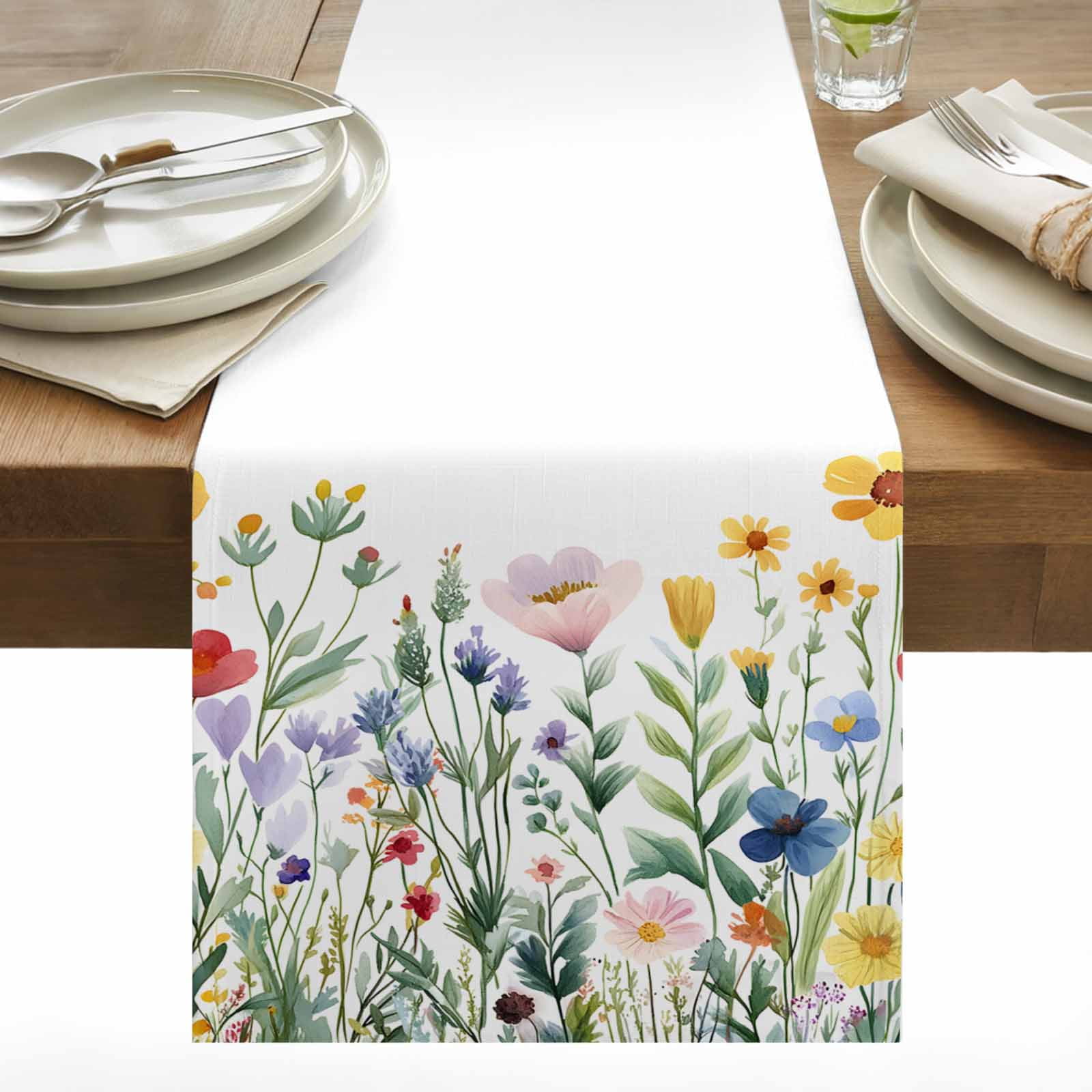 Wildflowers Spring Cotton Linen Table Runner Watercolor Flower Sage ...