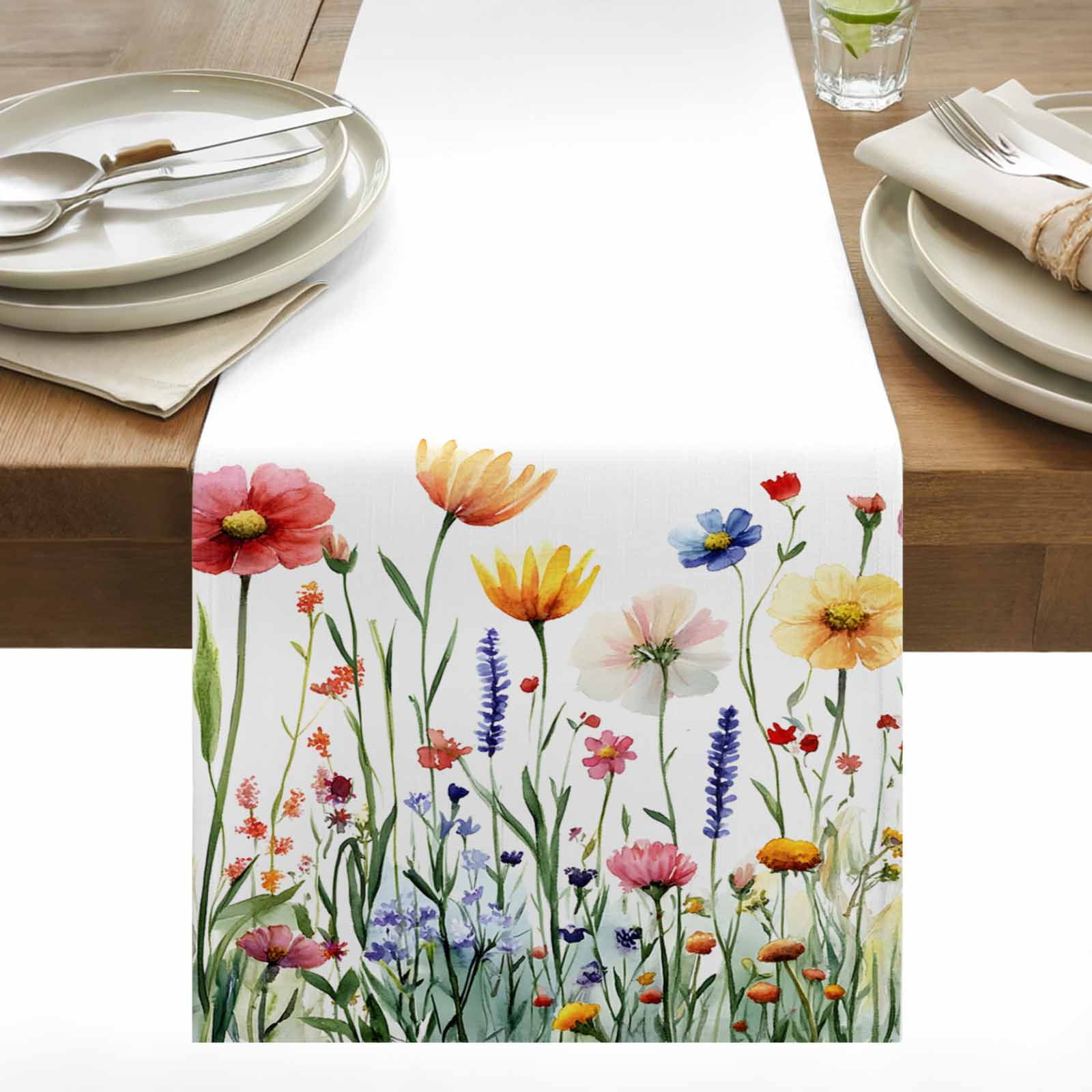 Wildflowers Spring Cotton Linen Table Runner Watercolor Red Yellow ...