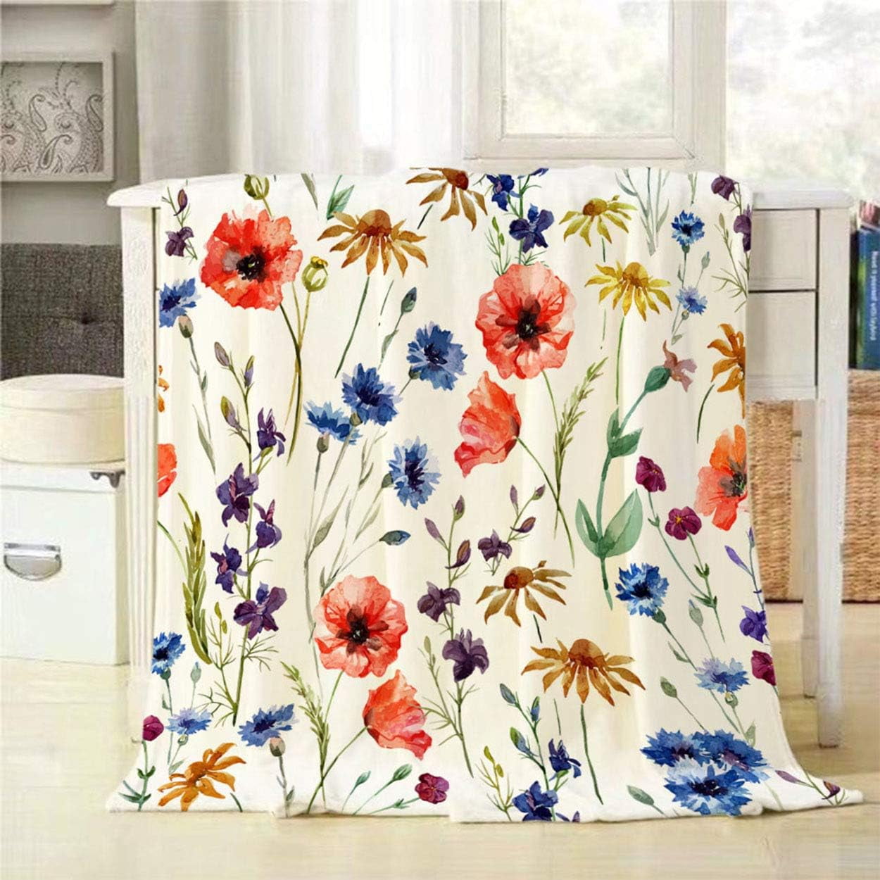 Wildflowers Throw Blanket Colorful Watercolor Flowers Poppy Cornflower ...
