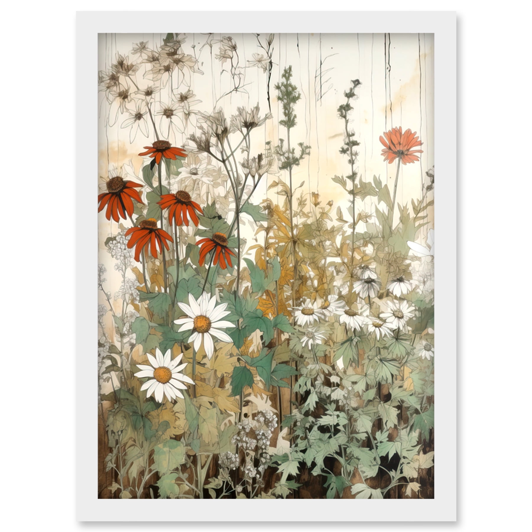 Wildflowers Vintage Watercolour Painting Red White Daisy Flowers Spring ...