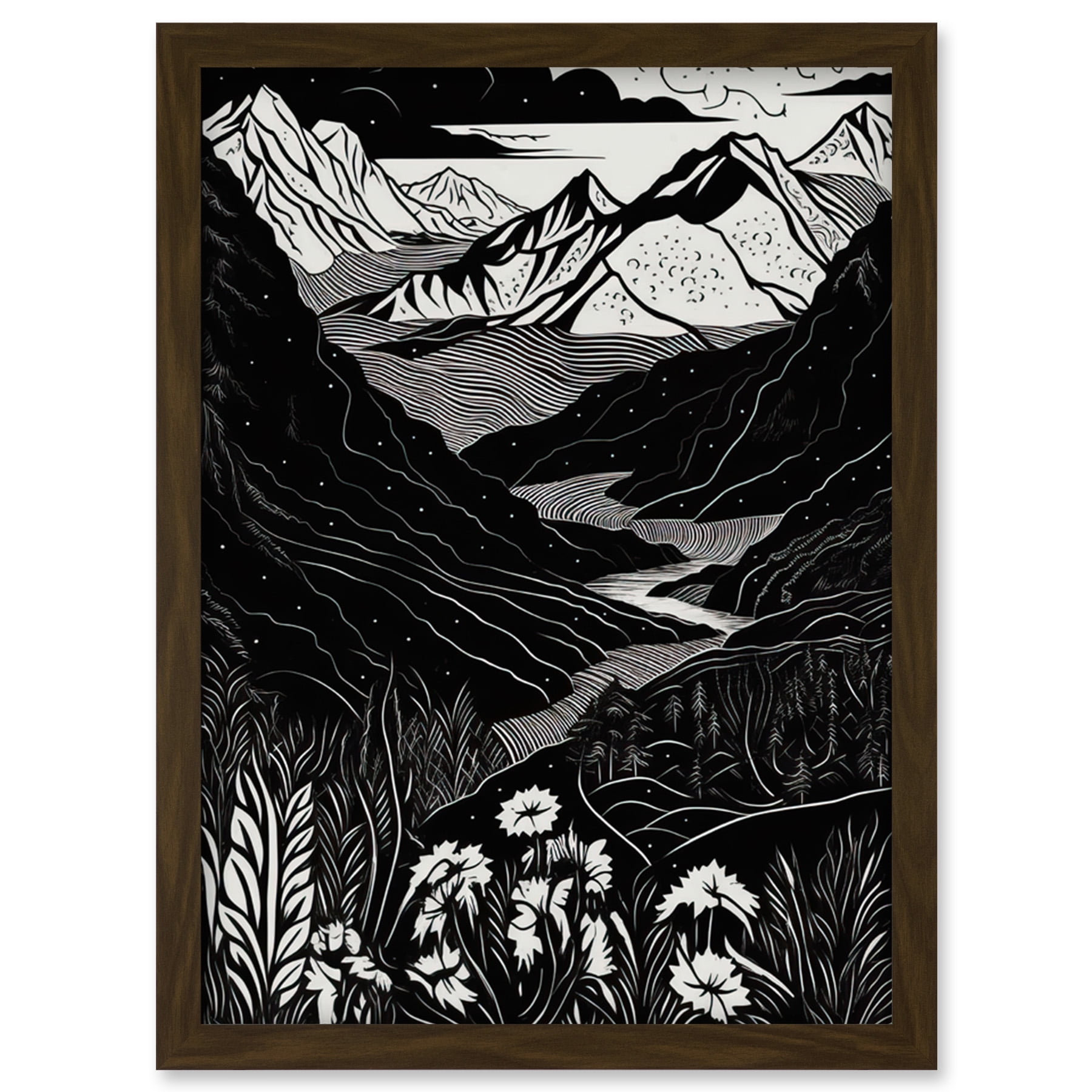 Wildflowers in Spring Mountain Landscape Linocut Artwork Framed Wall ...
