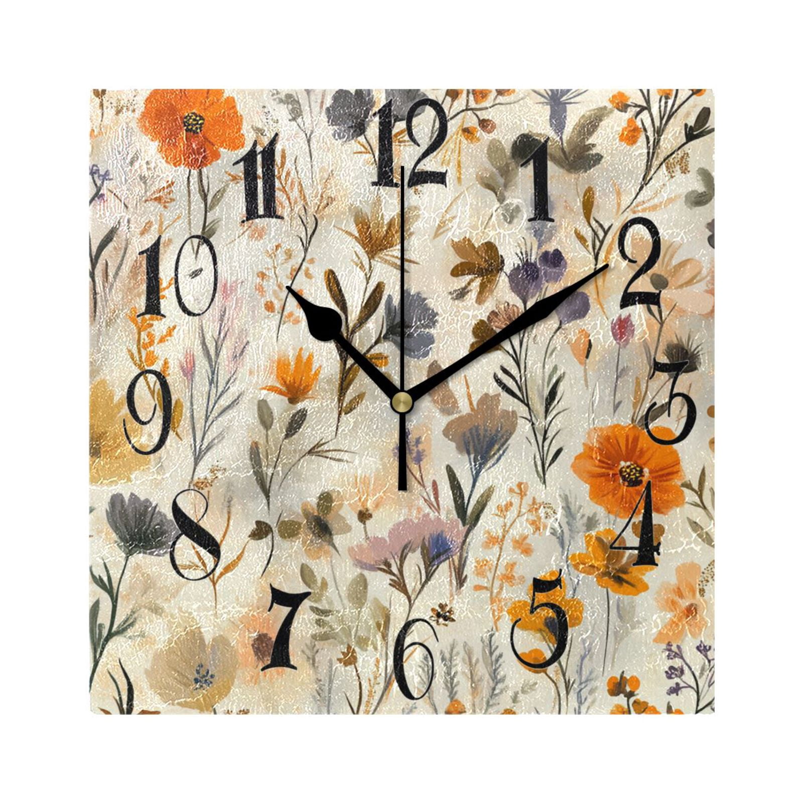 Wildflowers in White Wall Clock Decorative Square Silent Non-Ticking ...