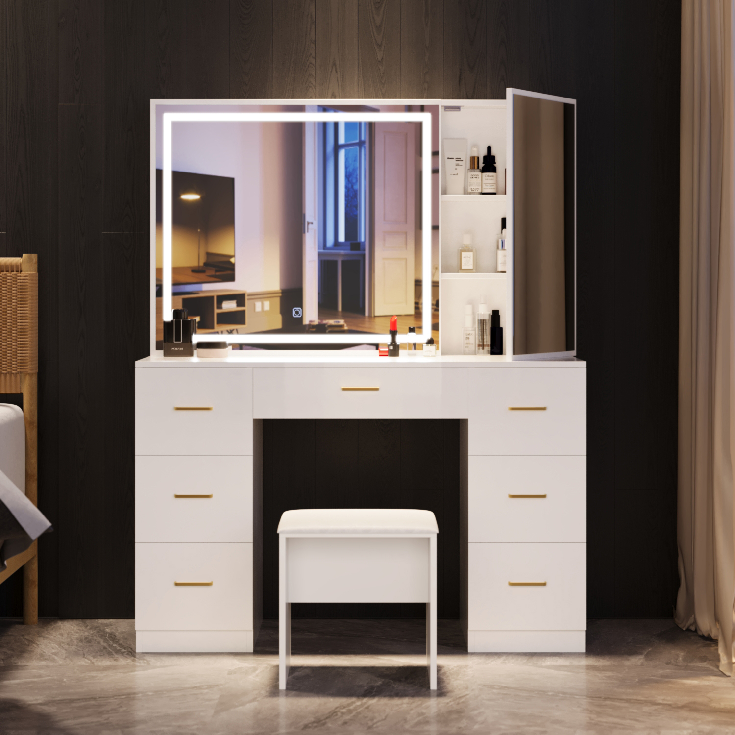 Polifurniture Olivia Modern Bedroom Vanity Table with Lighted Mirror ...