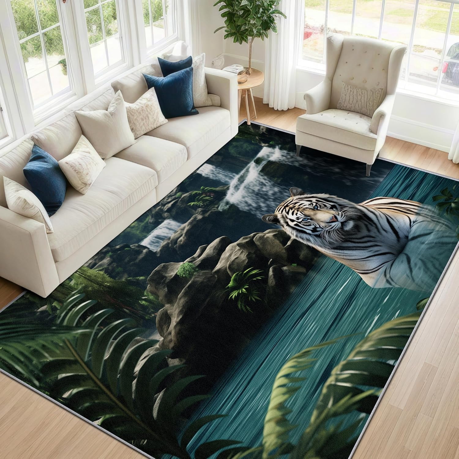 Wildlife Animal Area Rugs, White Tiger Jungle Carpet, Washable Non Slip ...