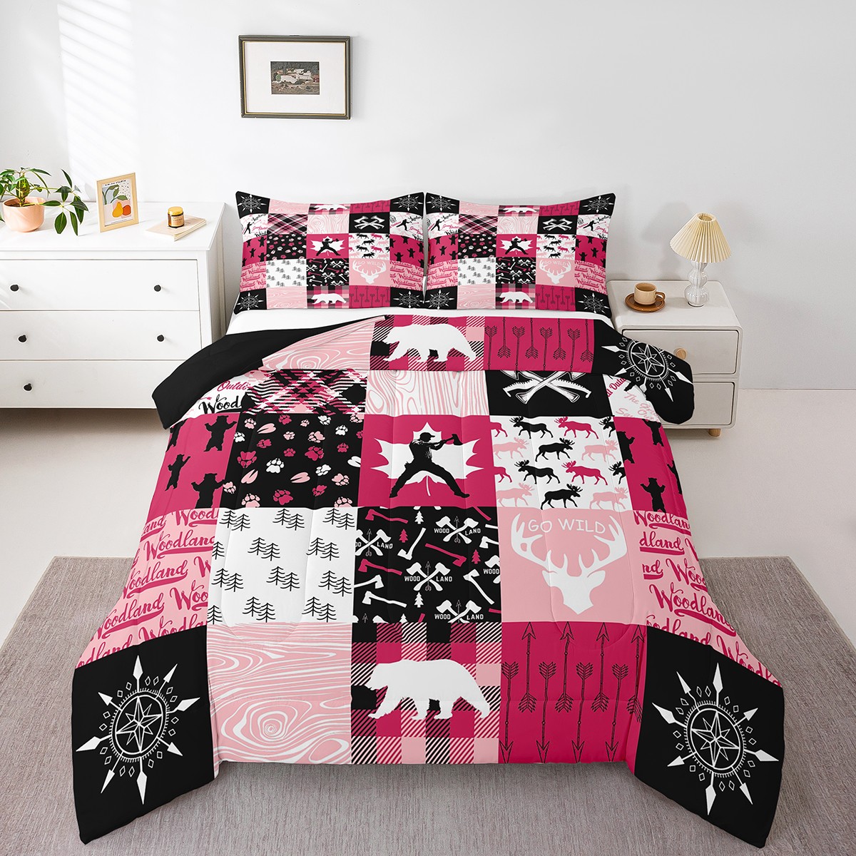 Wildlife Comforter Set Queen Hunting Bedding Deer Cow Bear Paw Woodland ...