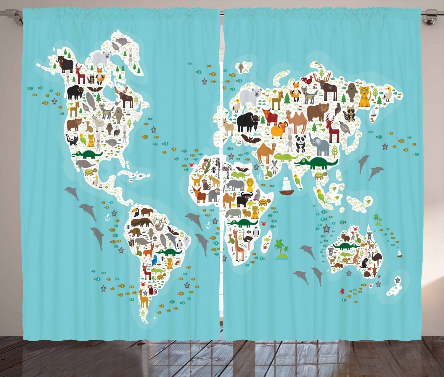 Ambesonne Wildlife Curtains 2 Panel Set, World Map Local Animal, 108" x ...