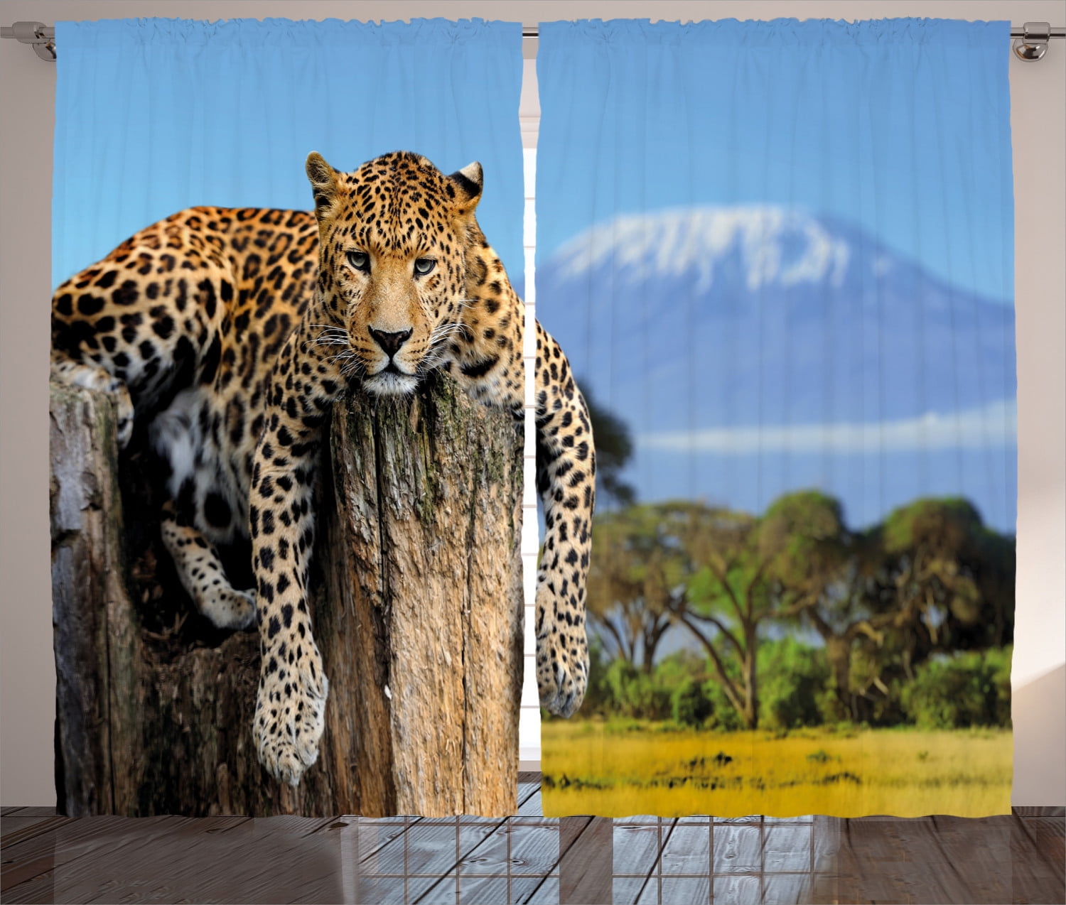 Ambesonne Wildlife Curtains 2 Panel Set, Leopard on a Tree, 108" x 84 ...