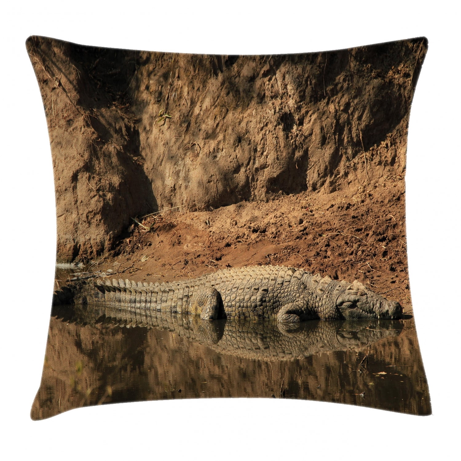 Wildlife Decor Throw Pillow Cushion Cover, Nile Crocodile Swimming in the River Rock Cliffs ...