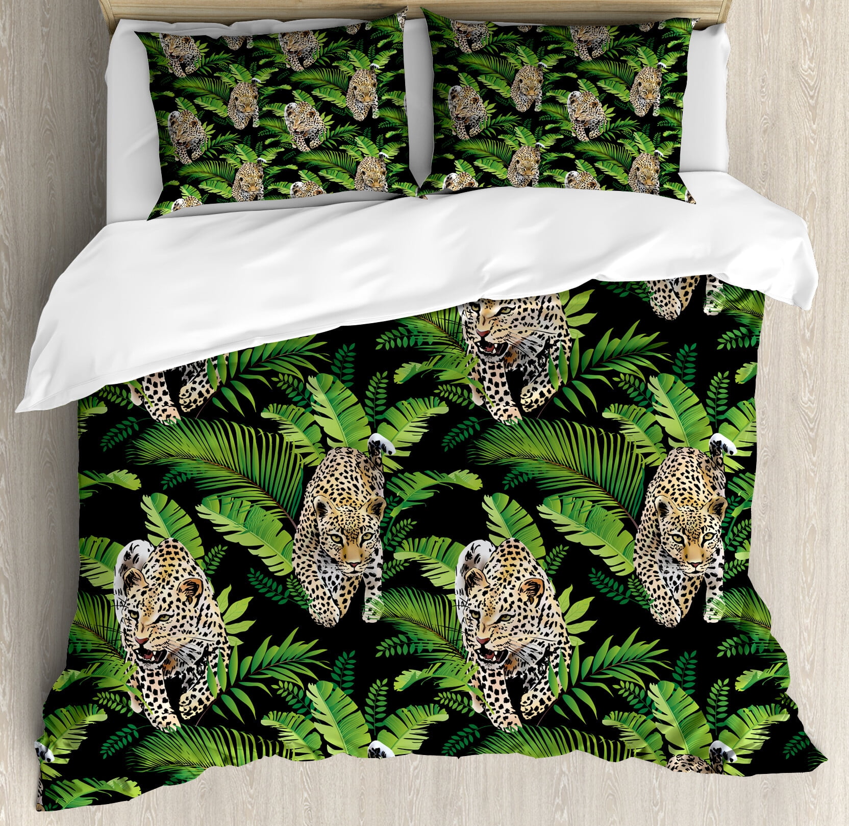 Wildlife Duvet Cover Set, Wild and Dangerous Leopards and Palm Leaves ...