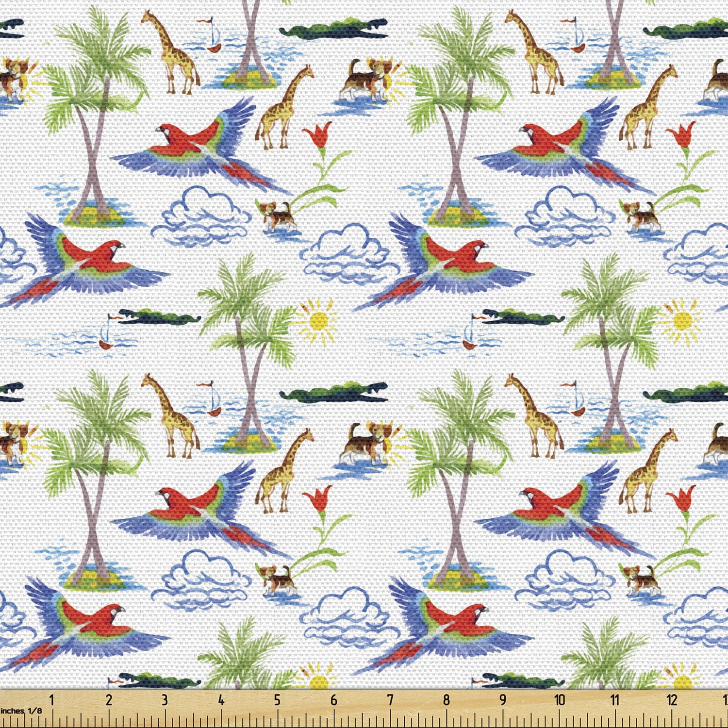 Wildlife Fabric by the Yard, Summer Concept of Giraffes Island Seascape ...