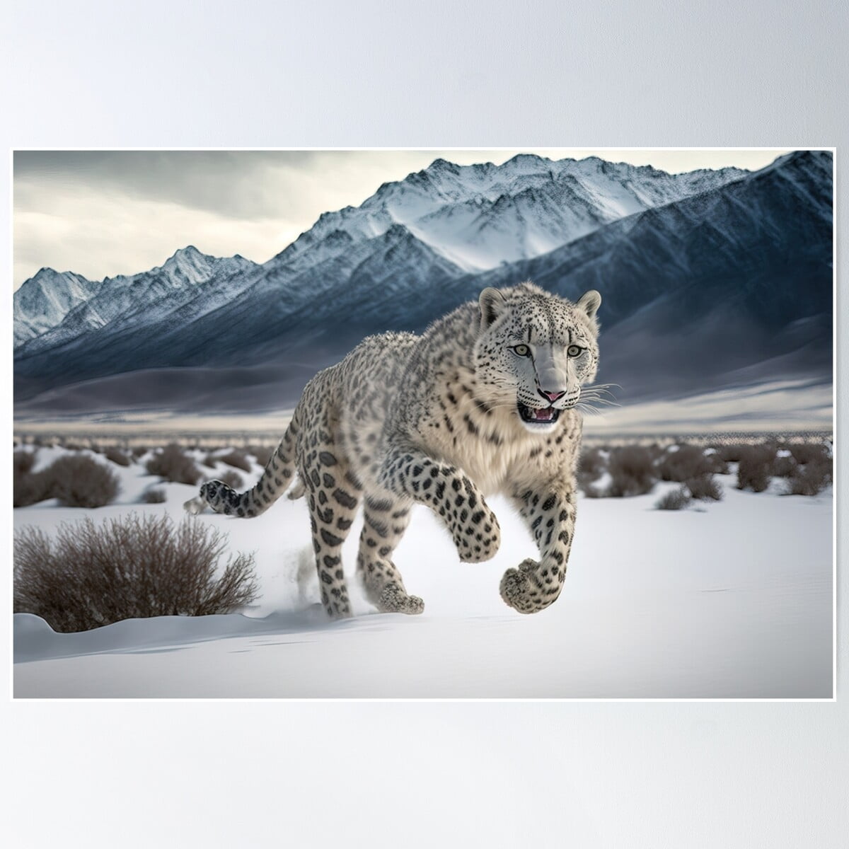 Wildlife Photography Of A Snow Leopard Running In The Snow Poster Wall ...