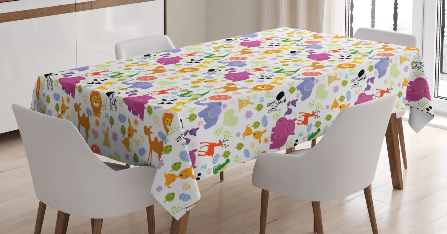 Wildlife Tablecloth, Doodle Funny Animals Camel Crocodile Hippo Lion ...