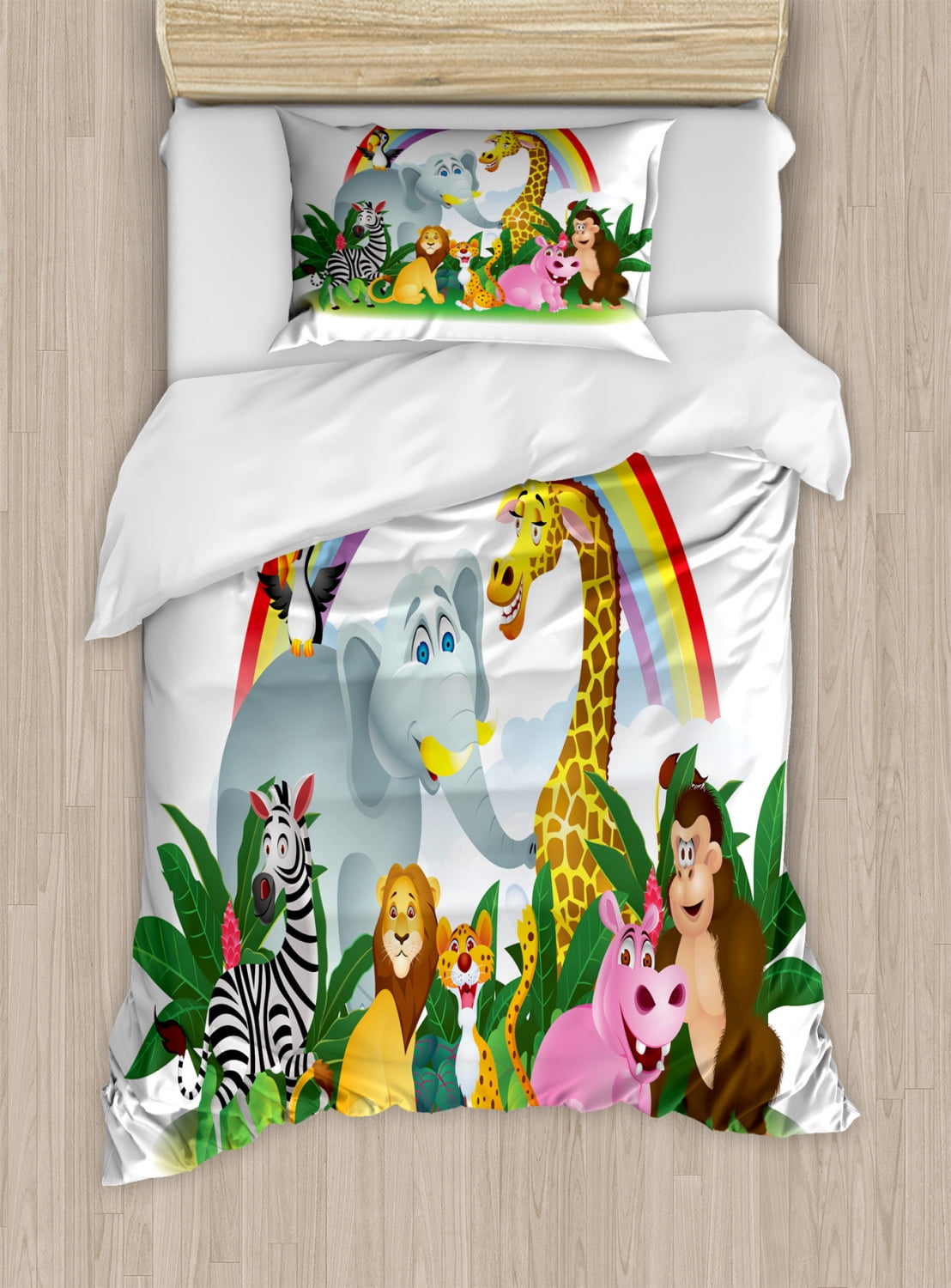 Wildlife Twin Size Duvet Cover Set, Illustration of Cartoon Animals ...