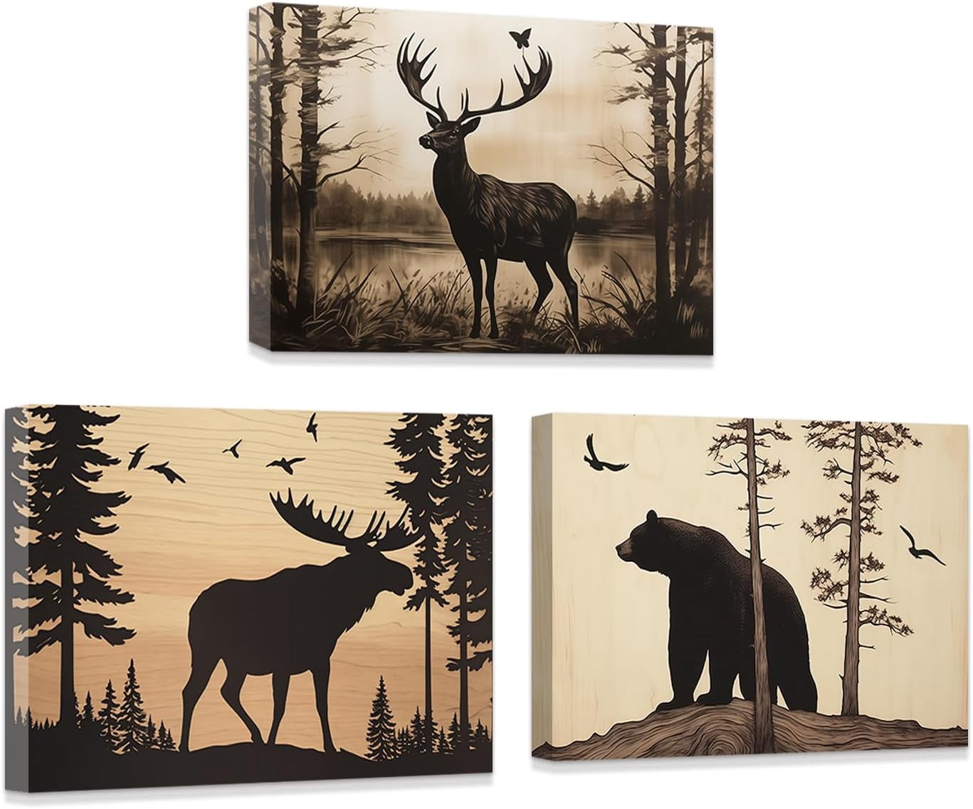 Wildlife Wall Art Bear Elk Moose in Forest Pictures Woodland Animal ...
