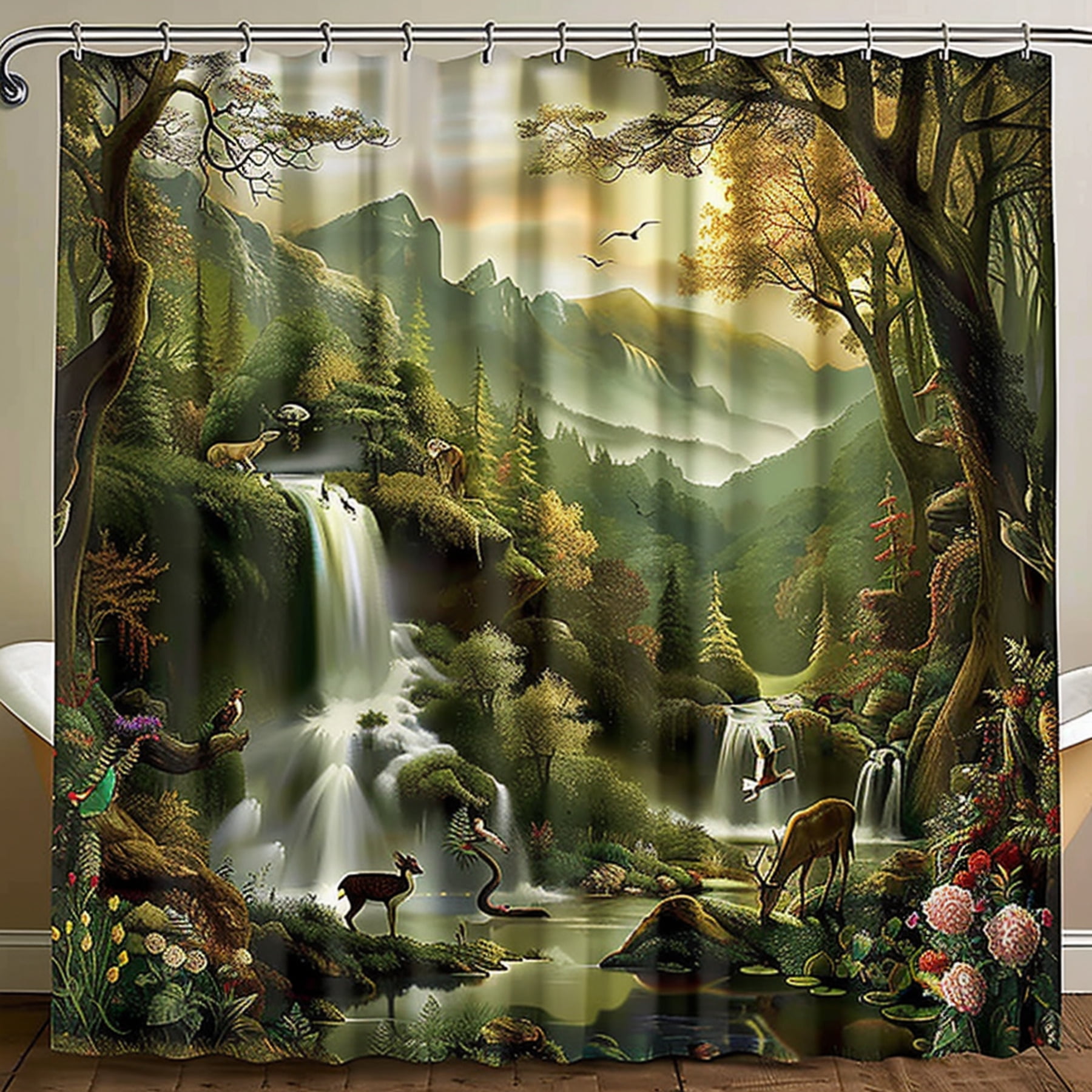 Wildlife Waterfall Mountain Fantasy Scene Shower Curtain Realistic Style - Walmart.com