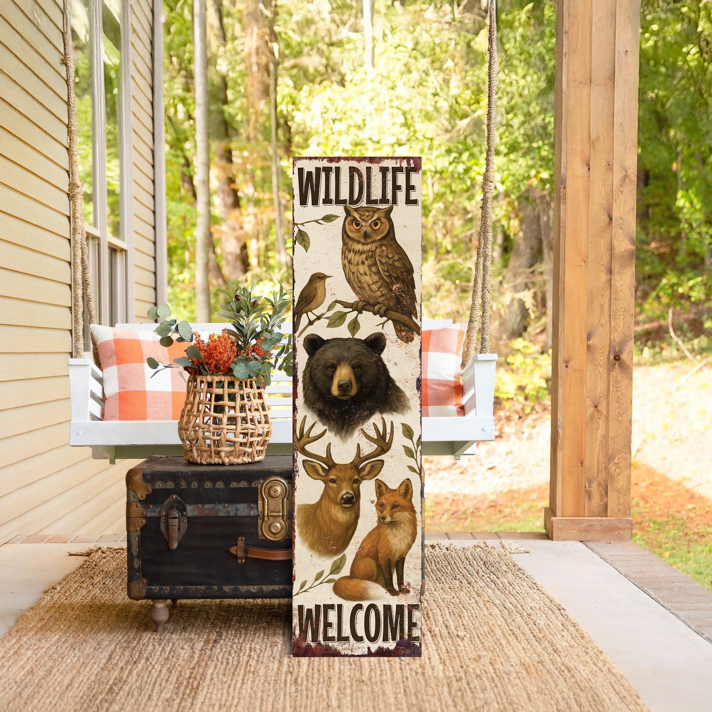 Wildlife Welcome Porch Sign | Rustic Cabin Lodge Decor with Bear, Deer ...