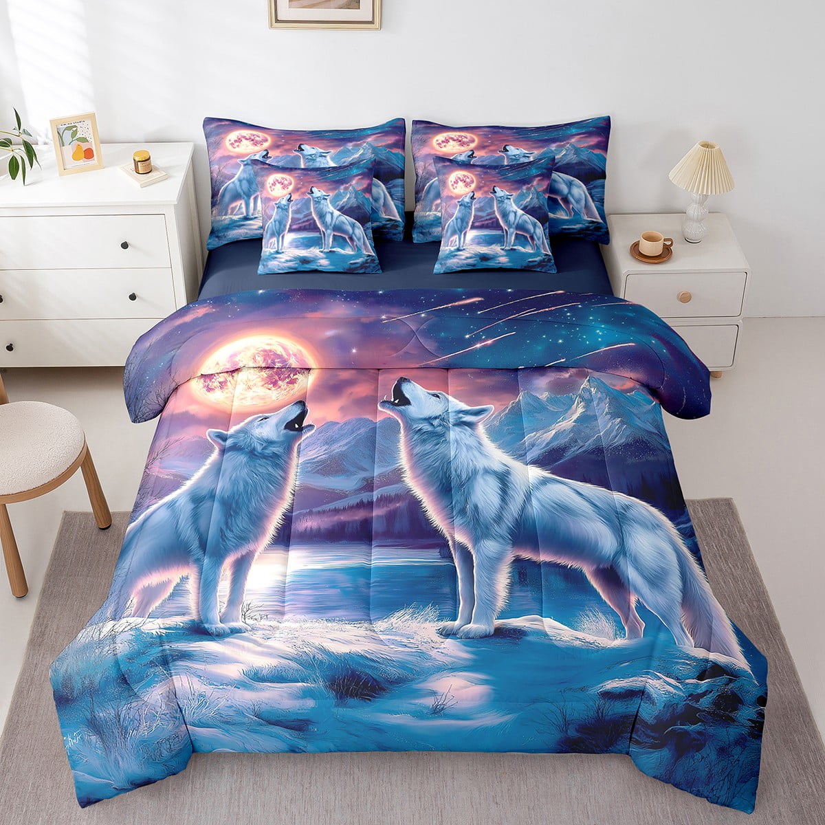 Wildlife Wolf Family Comforter Set Bed in a Bag 7 Pieces King,White ...