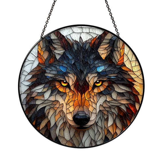 Wildlife Wolf Stained Glass Style Window Hanging, Decorative Animal Art ...