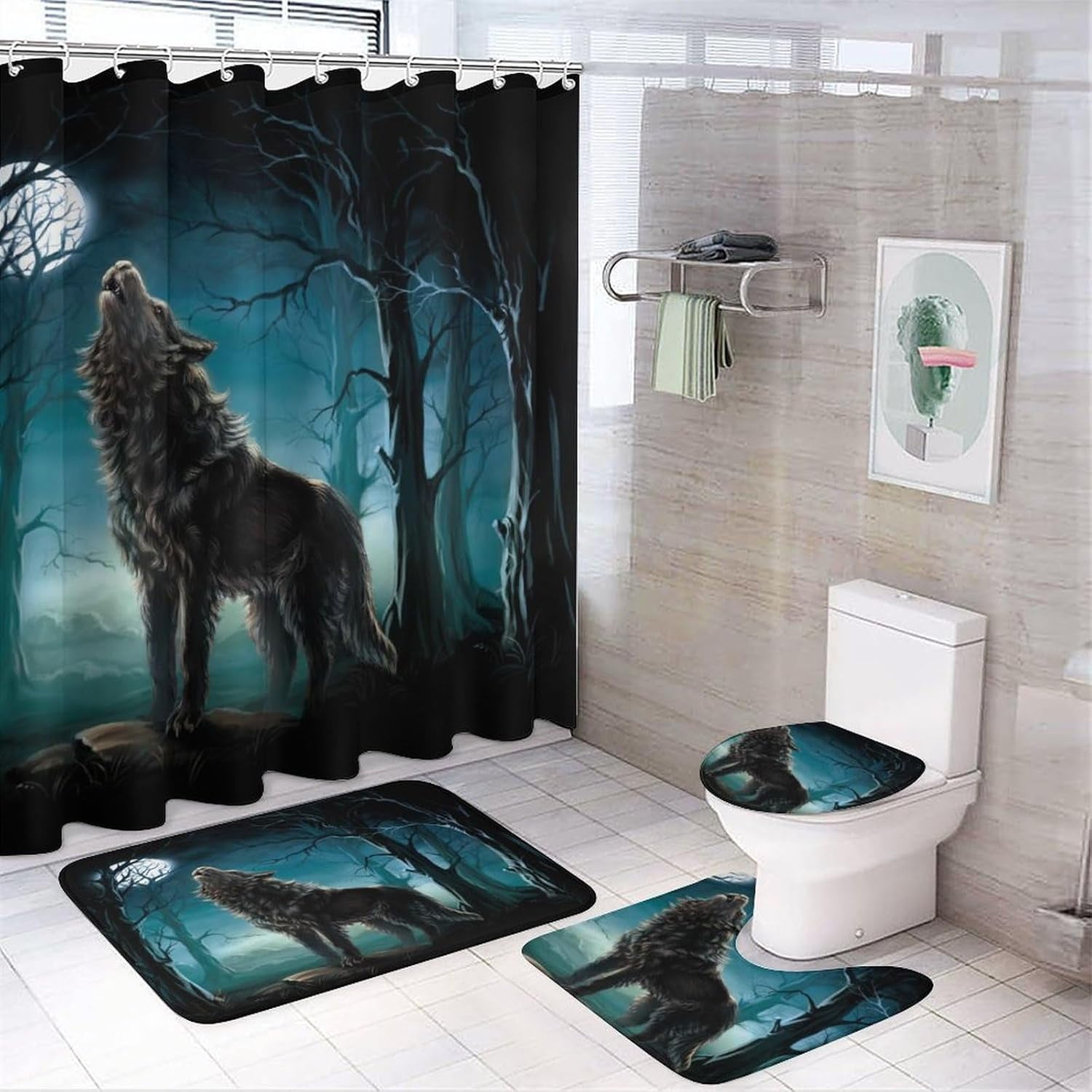 Wildlife Wolves 4 Piece Shower Curtain Sets,Cartoon Forest Night Full ...