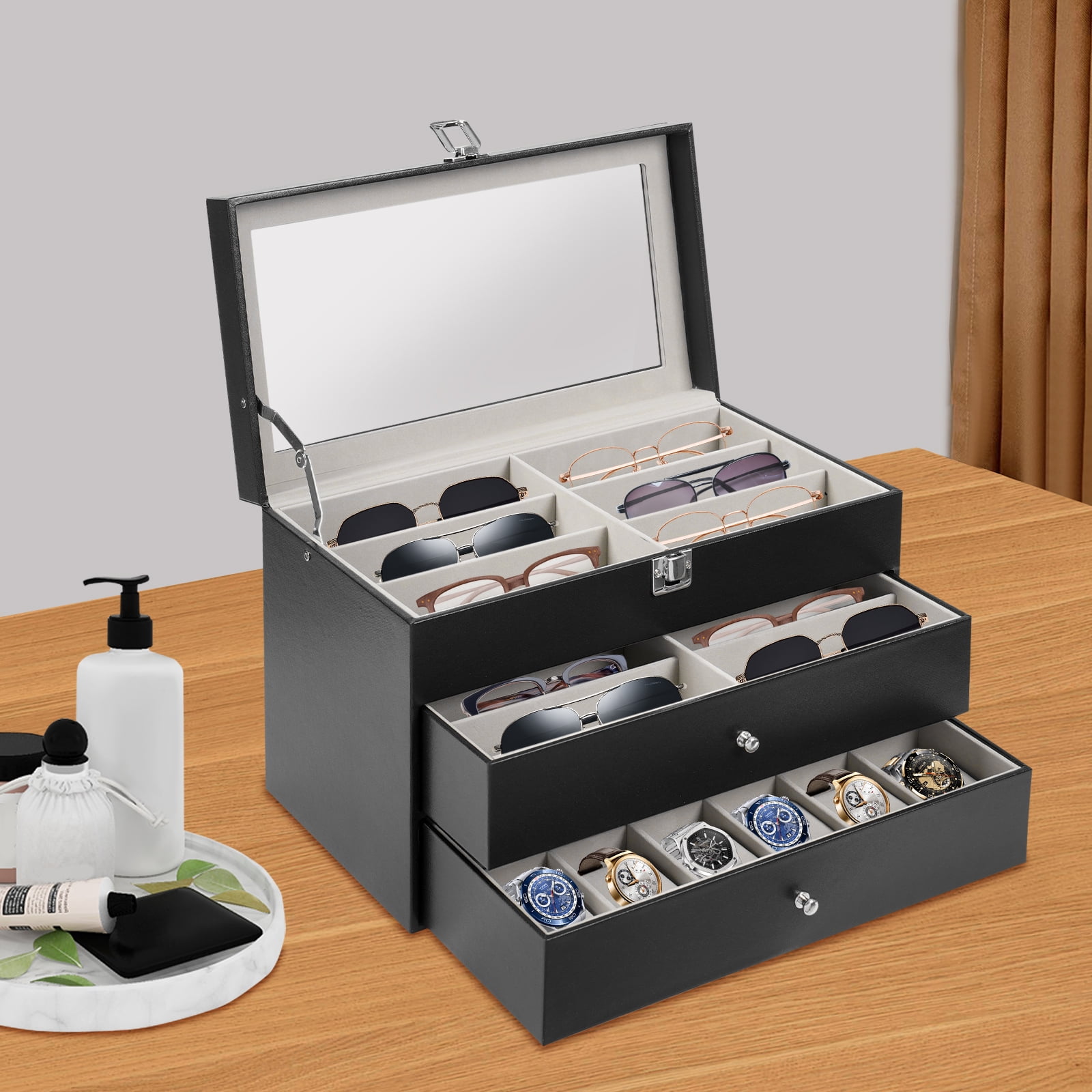 Wildnix 24-Compartment Watch and Eyeglass Storage Box with 3-Tier ...