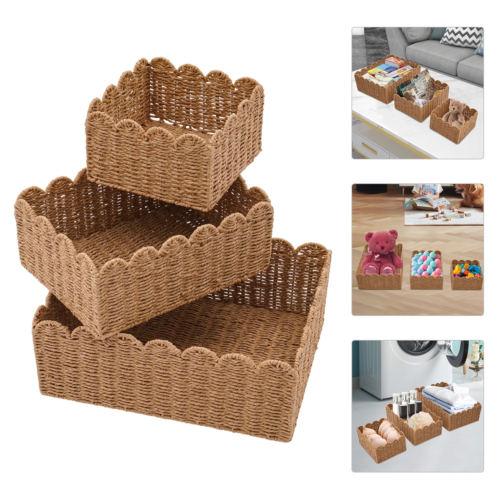 Wildnix 3-Tier Market Basket Stand with Rattan Storage Baskets, Space ...