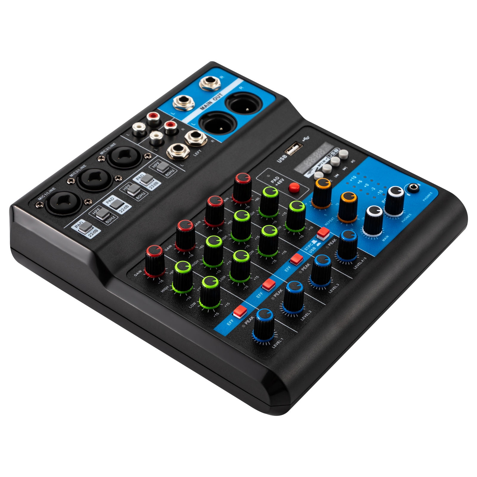 Wildnix 5-Channel Audio Mixer with Bluetooth/USB Playback, 48V Phantom ...