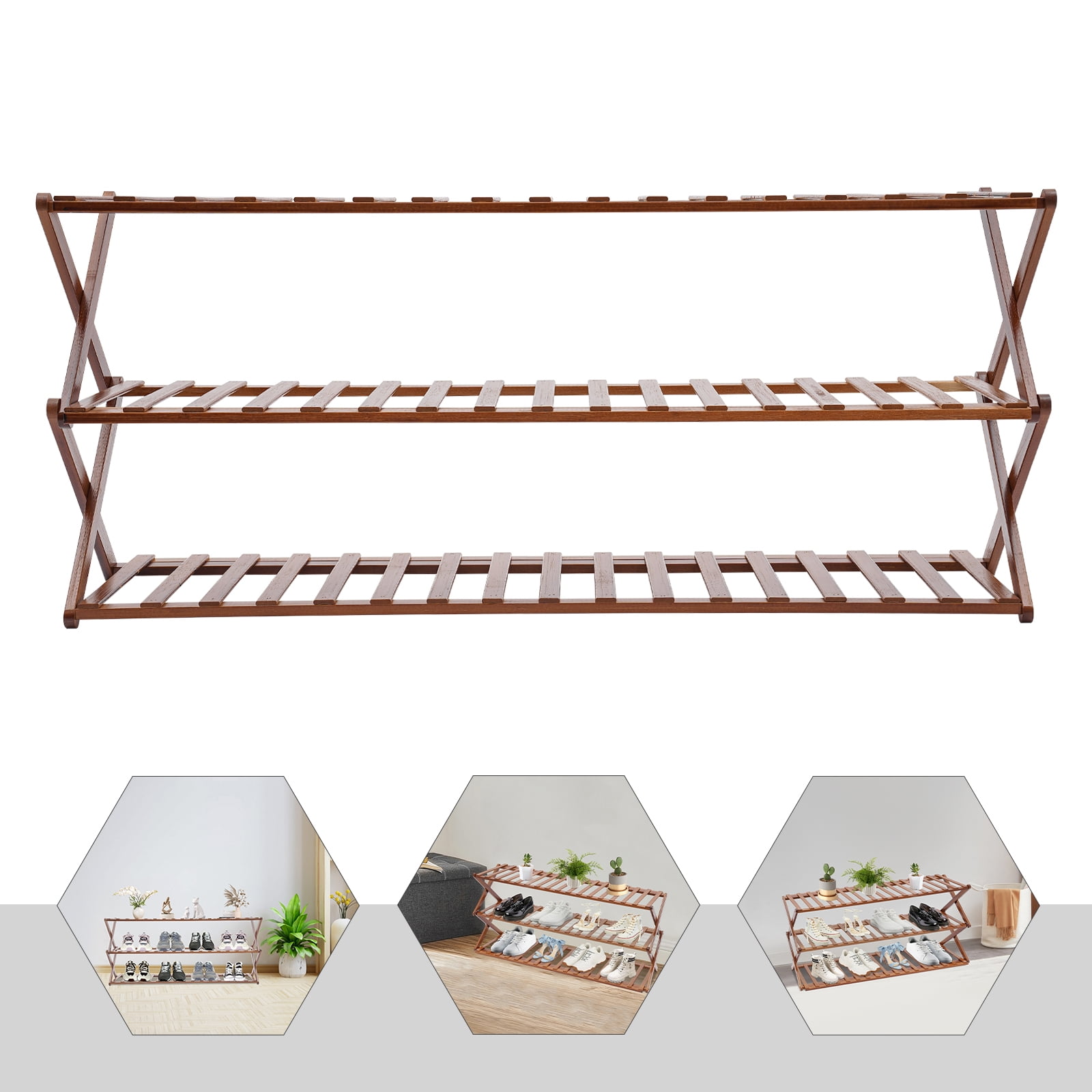 Wildnix Bamboo Collapsible Shoe Rack with 3 Tiers, Foldable Design ...