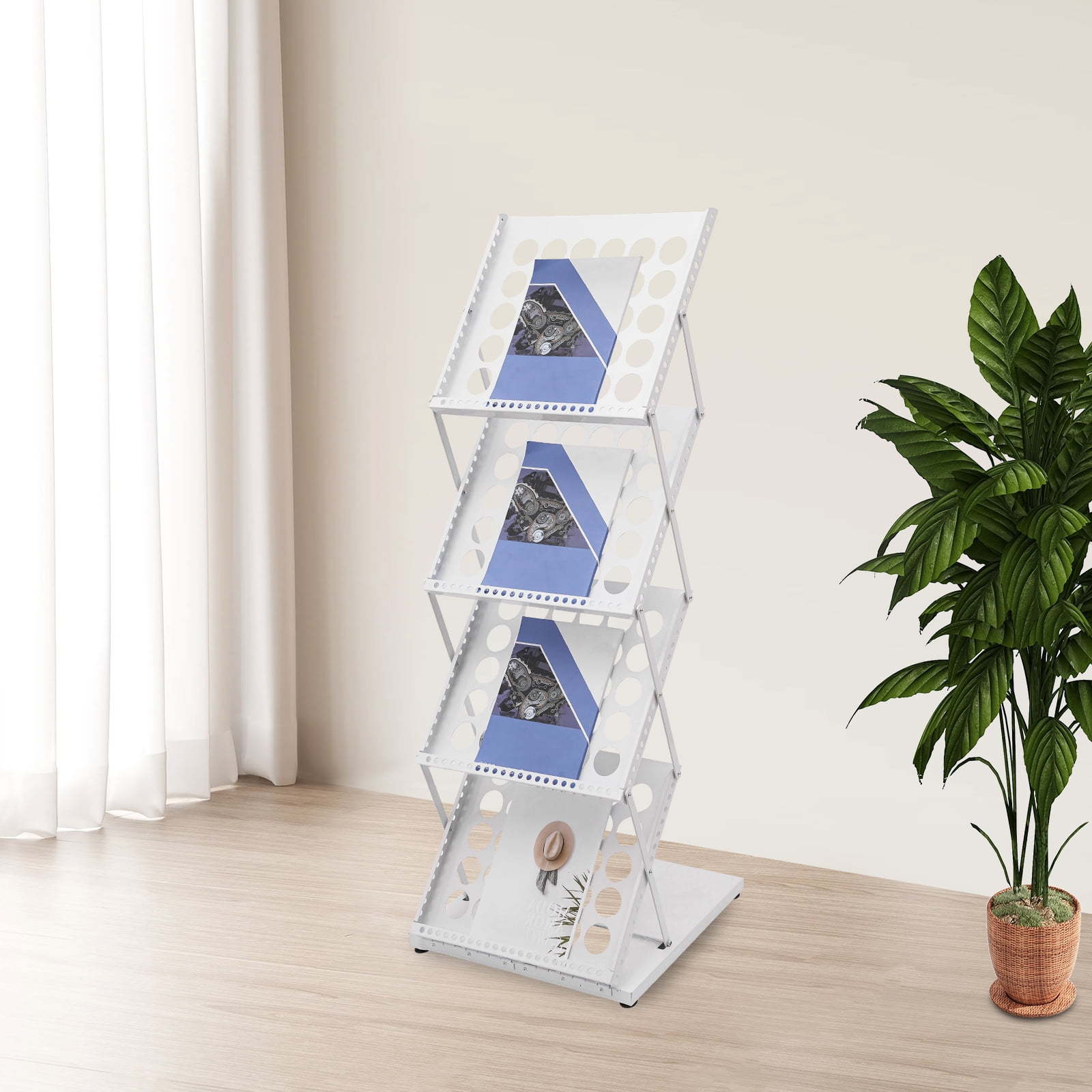 Wildnix Foldable Magazine Rack, 4-Tier White Iron Design, Freestanding ...