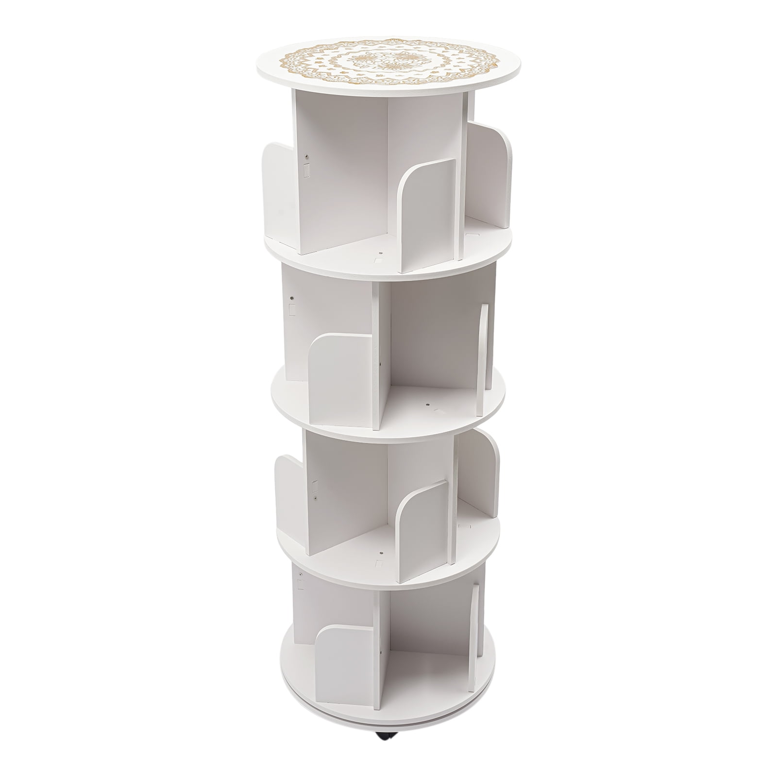 Wildnix Four-Tier Rotating Bookshelf with Stainless Steel Circular Base ...