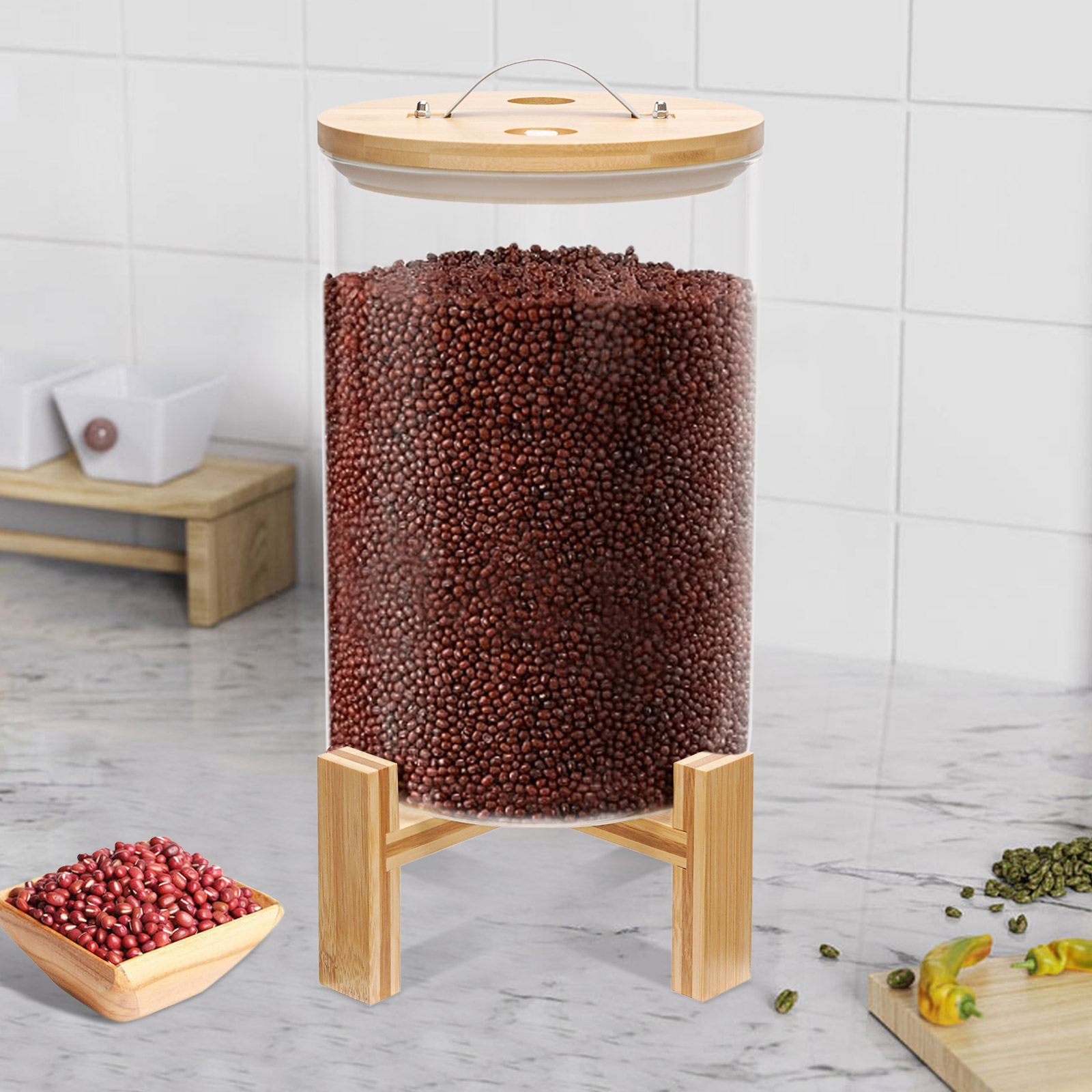 Wildnix Glass Rice Container with Bamboo Lid, 8L Capacity, Thermometer ...