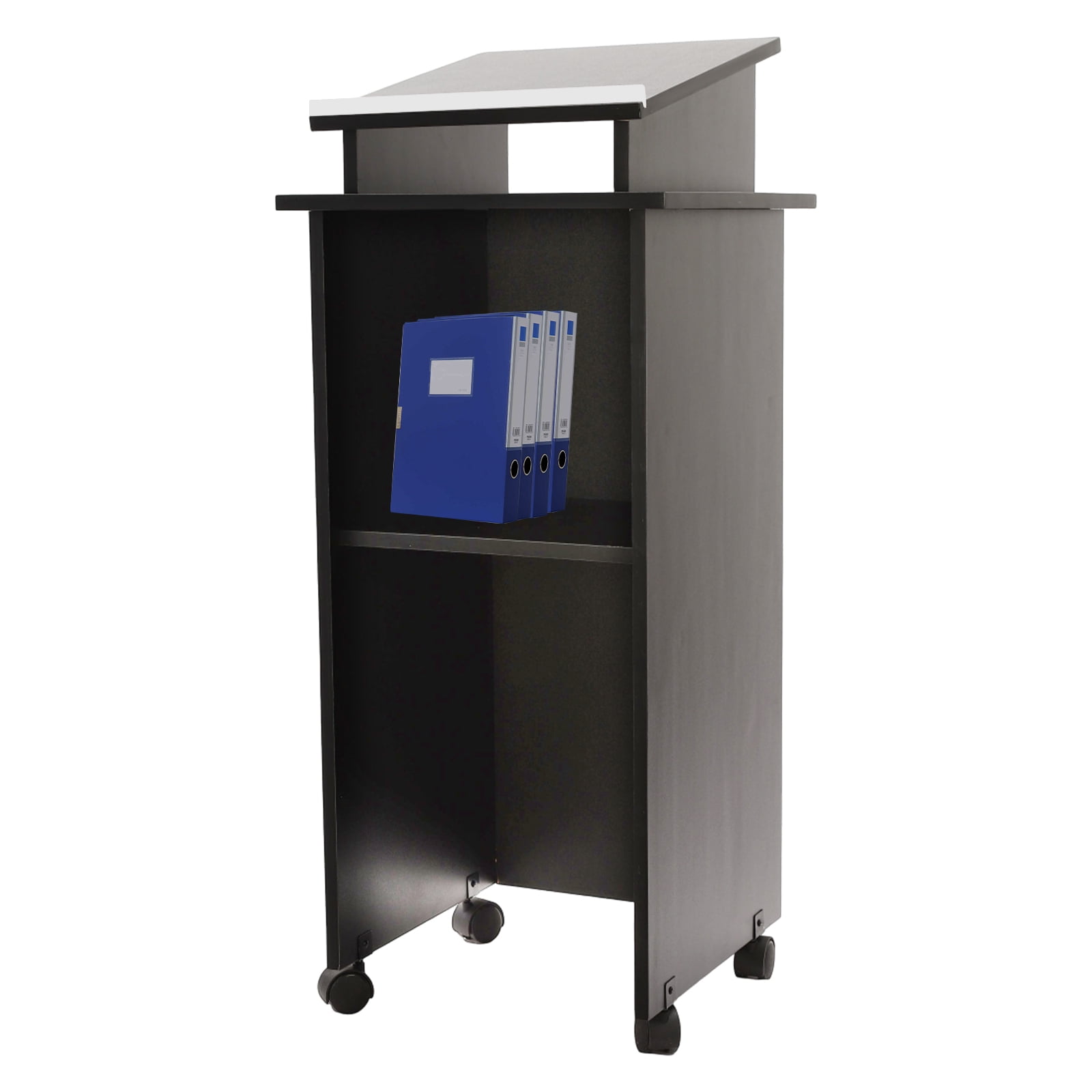 Wildnix Mobile Podium Wood Stand with Wheels, Modern Rectangular Design ...