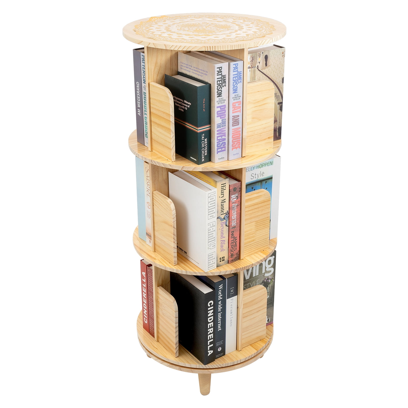 Wildnix Revolving Bookstand-360° Rotating Pine Wood Bookshelf, Multi ...