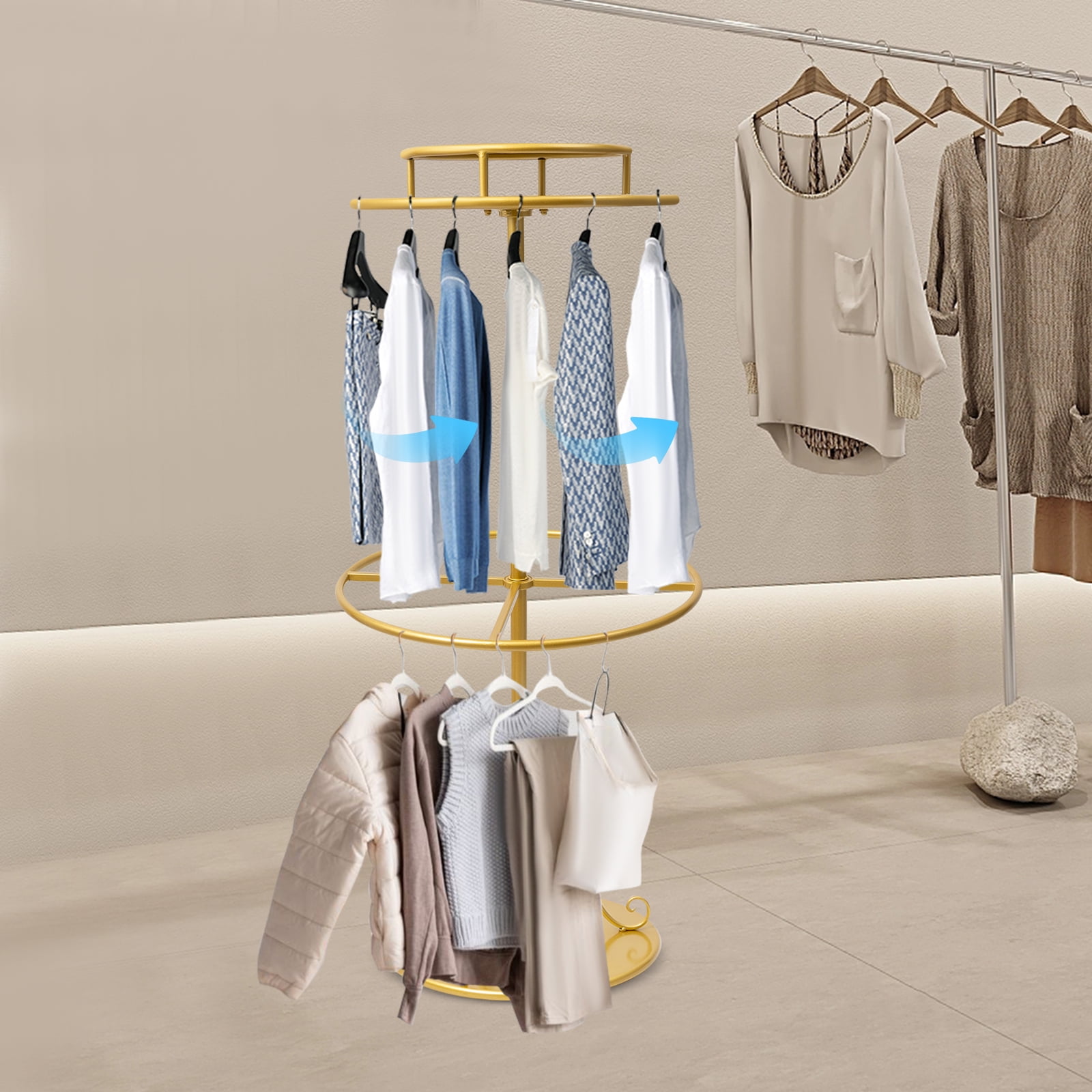 Wildnix Rotatable Round Clothing Rack, Gold Carbon Steel, 2-Tier Floor ...