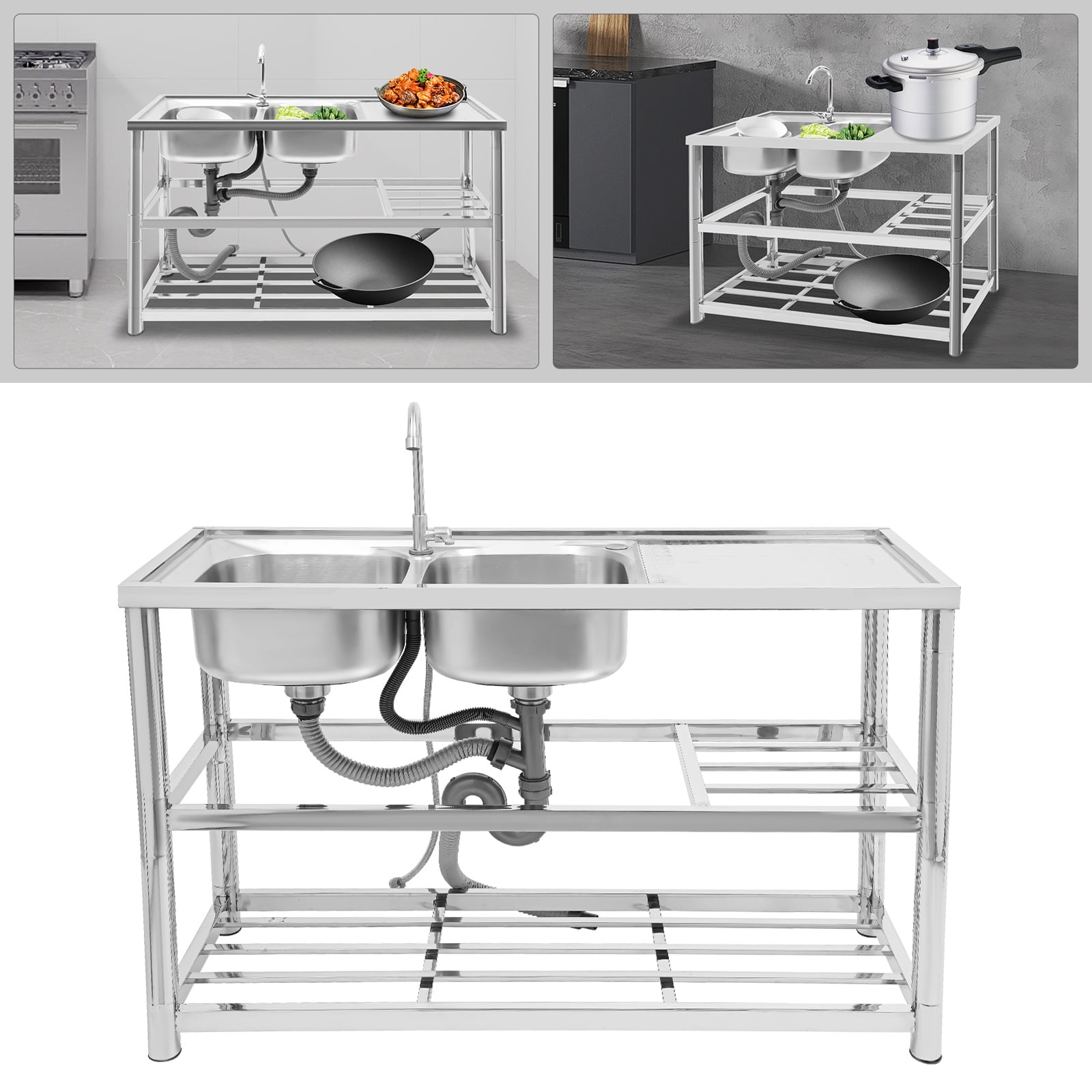 Wildnix Stainless Steel Kitchen Sink with Double Bowl and Drainpipe ...
