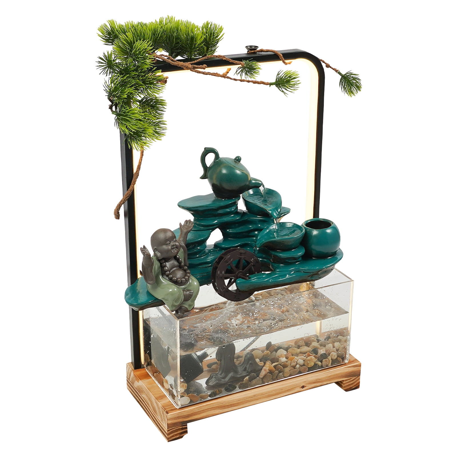 Wildnix Tabletop Water Fountain, Ceramic Green Greeting Pine Theme, LED ...