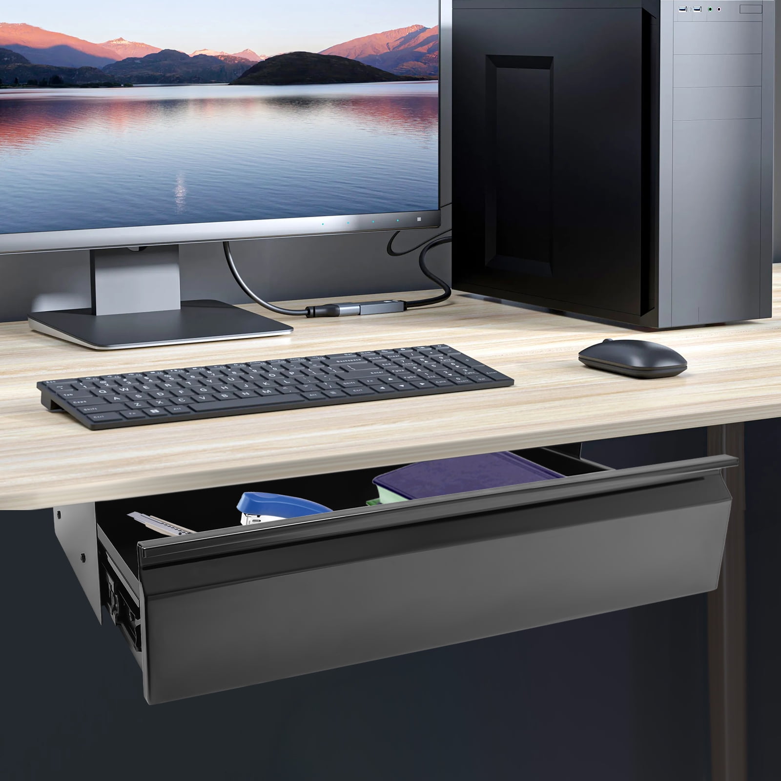 Wildnix Under Desk Mounted Pull-Out Drawer, Sliding Storage Drawer with ...