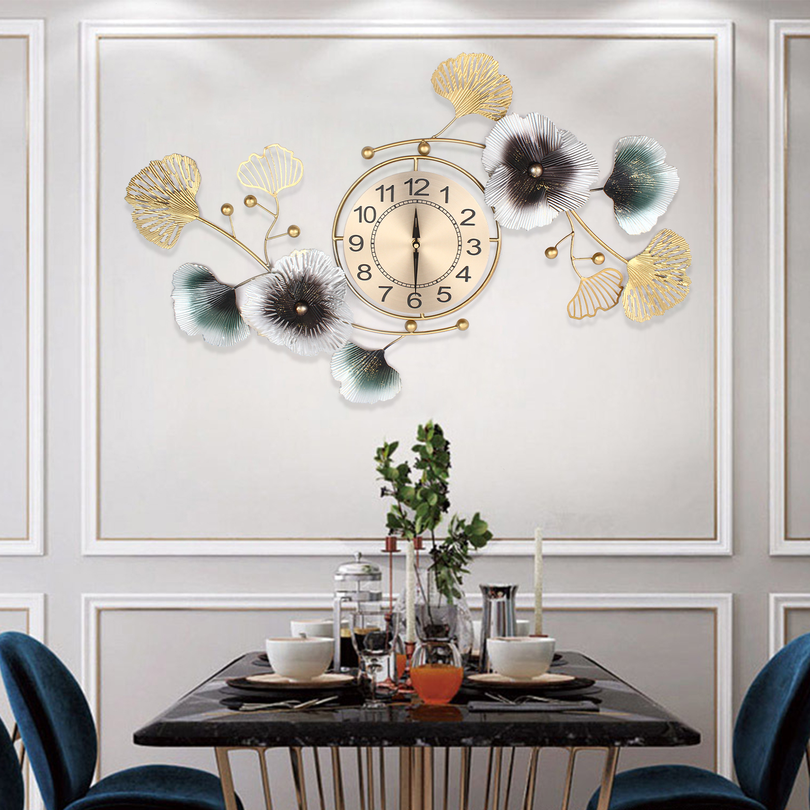 Wildnix Wall Mount Clock Low Noise Metal Ginkgo Leaf Wall Lock Bedroom ...