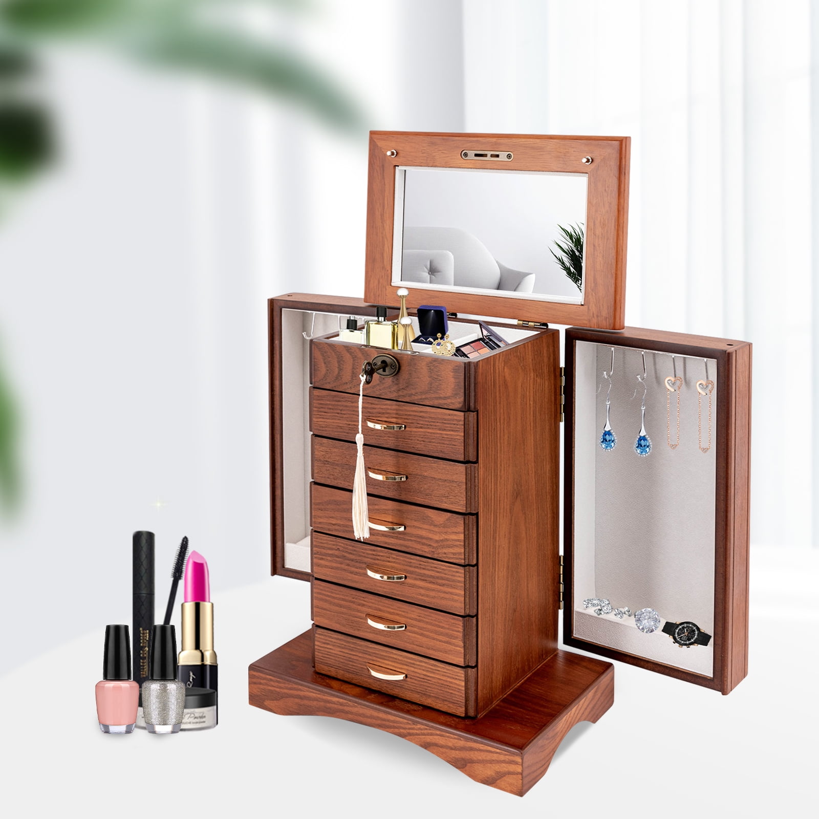 Wildnix Walnut 7-Layer Wooden Jewelry Box with Key Lock, Necklace Hooks ...