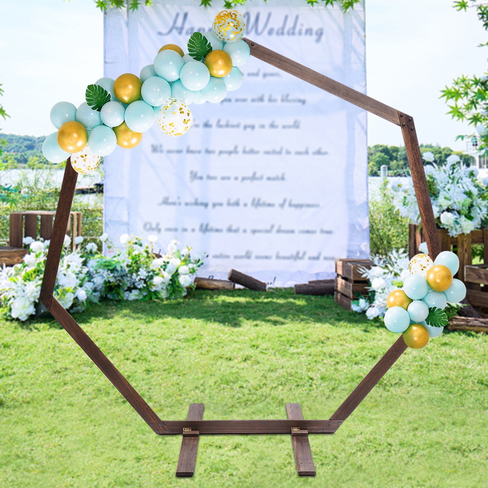 Wildnix Wood Wedding Arch, 7.4x7.2ft, Natural Wood, Heptagon Design ...