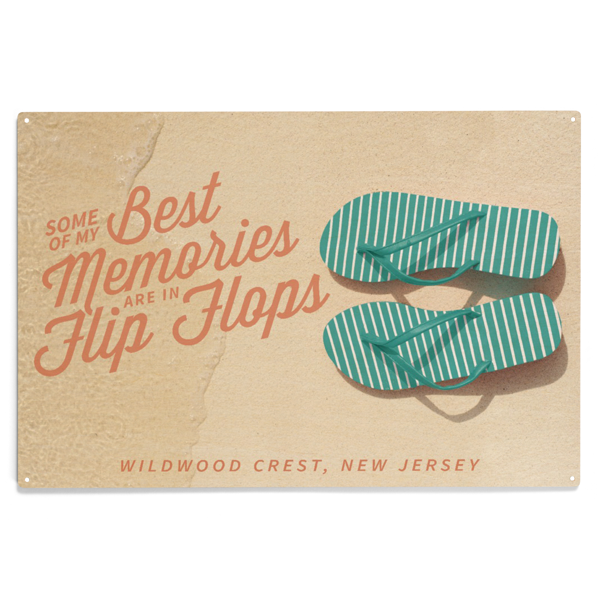 Wildwood Crest, New Jersey, Blue Flip Flops on Beach Birch Wood Wall ...